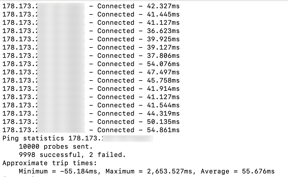 【随便测测】YxVM 5刀 电信晚高峰 tcping 1万次实测